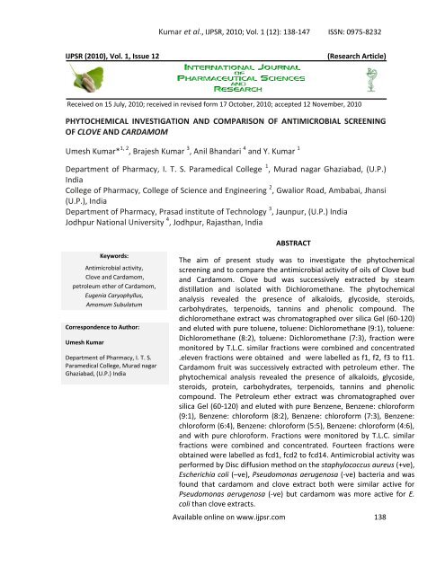 Kumar et al., IJPSR, 2010; Vol. 1 (12) - International Journal of ...