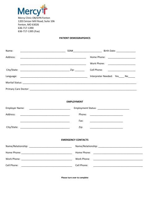 Patient Demographics Form - Mercy