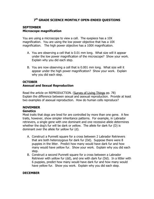 7th GRADE SCIENCE MONTHLY OPEN-ENDED QUESTIONS