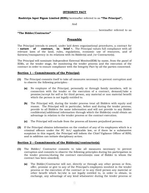 Integrity Pact - Vizag Steel