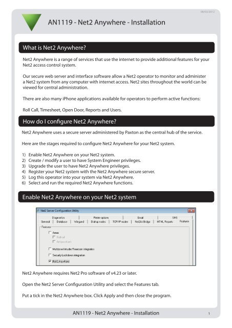 APPLICATION NOTE - Net2 Anywhere - Installation - Paxton Access