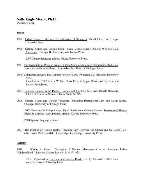 A complete list of work by Sally Engle Merry is available here.