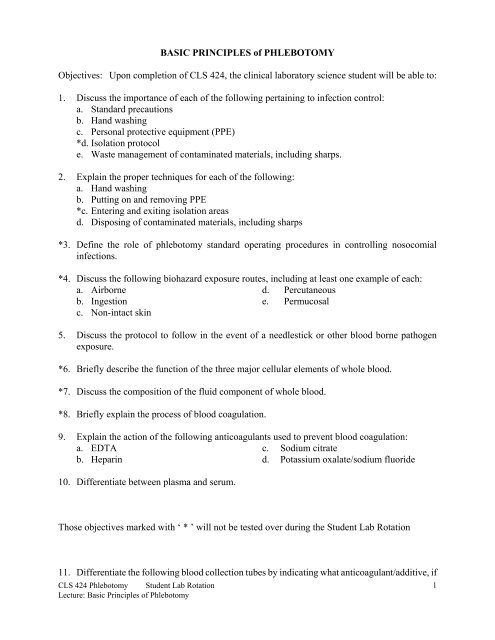 BASIC PRINCIPLES of PHLEBOTOMY Objectives: Upon completion ...