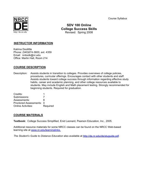SDV 100 Online College Success Skills - New River Community ... SDV 100 Online College Success Skills - New River Community ...