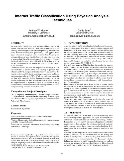 Internet Traffic Classification Using Bayesian Analysis Techniques