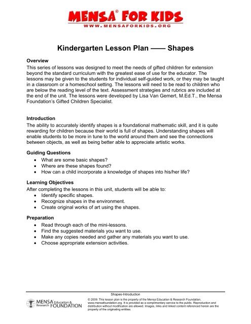 Kindergarten Lesson Plan —— Shapes - Mensa For Kids Kindergarten Lesson Plan —— Shapes - Mensa For Kids