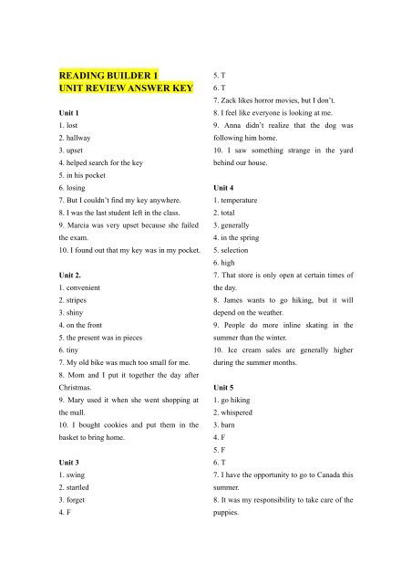reading builder 1 unit review answer key