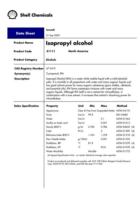 Isopropyl alcohol datasheet - Americas
