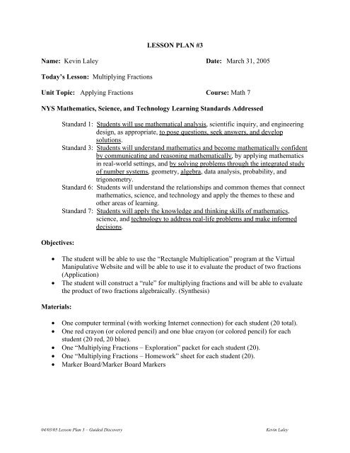 Lesson Plan 3 Guided Discovery Of Multiplying Fractions