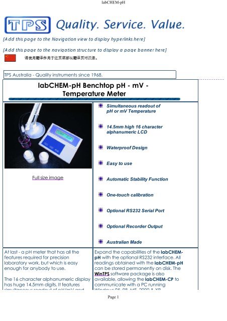 labCHEM-pH Benchtop pH - mV - Temperature Meter - TPS