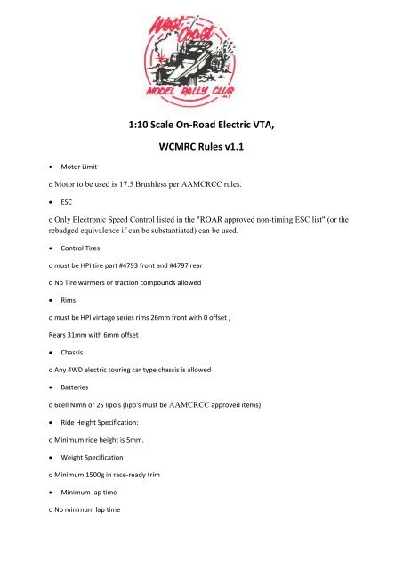 1:10 Scale On-Road Electric VTA, WCMRC Rules v1.1