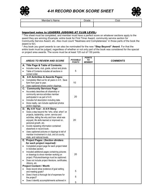 4-h record book score sheet - Green Lake County