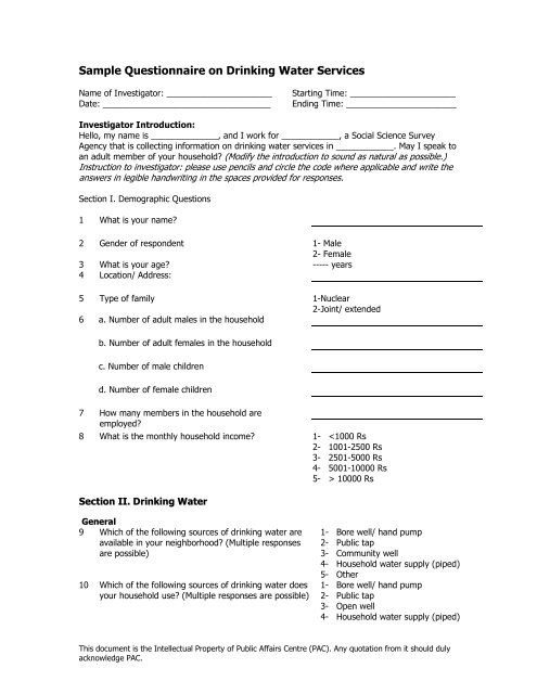Sample Questionnaire on Drinking Water Services - Citizen Report ...