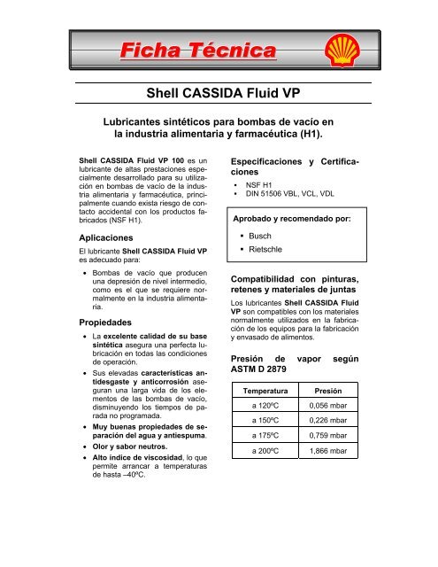 Ficha Técnica Shell CASSIDA Fluid VP