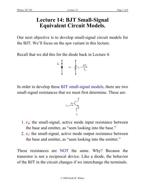 Lecture 14: BJT Small-Signal Equivalent Circuit Models.