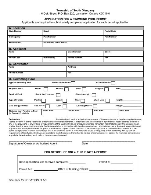 Application for Swimming Pool Permit - Township of South Glengarry