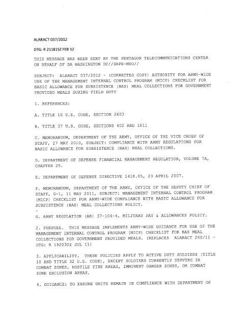 G-1 ALARACT 037/2012 DTG R211815Z Feb 12 - Army Financial ...