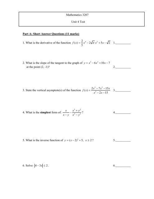 Mathematics 3207 Unit 4 Test Part A: Short Answer Questions (11 ...