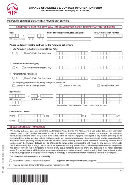 Change of Address Form - AIA Singapore