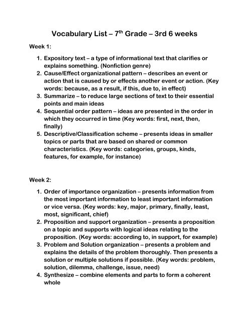 Vocabulary List â 7th Grade â 3rd 6 weeks - Weimar ISD