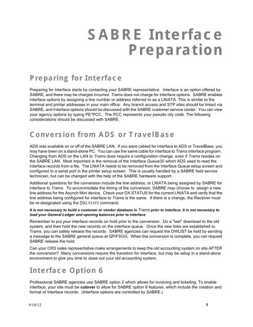 SABRE Interface Preparation
