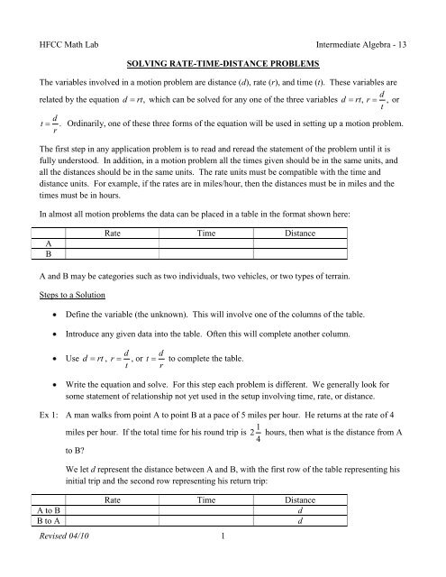 Solving Rate-Time-Distance Problems - The Learning Lab at HFCC