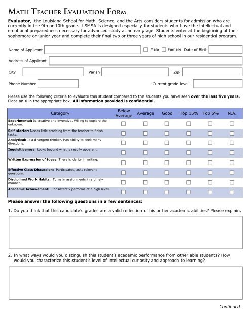 Math Teacher Evaluation Form - Louisiana School for Math, Science ...