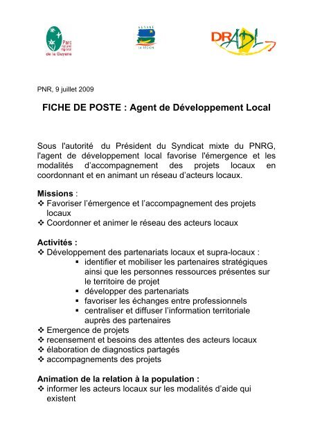 FICHE DE POSTE : Agent de Développement Local - Région Guyane