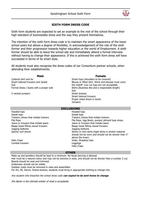 Sandringham School Sixth Form SIXTH FORM DRESS CODE Sixth ...