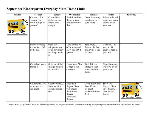 September Kindergarten Everyday Math Home Links