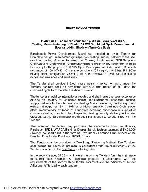 INVITATION OF TENDER Invitation of Tender for Engineering - BPDB