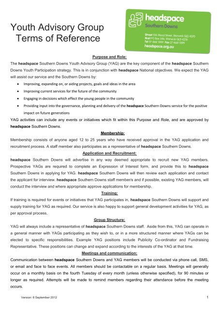 Youth Advisory Group Terms of Reference - Headspace