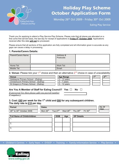Holiday Play Scheme October Application Form - Children's Centres
