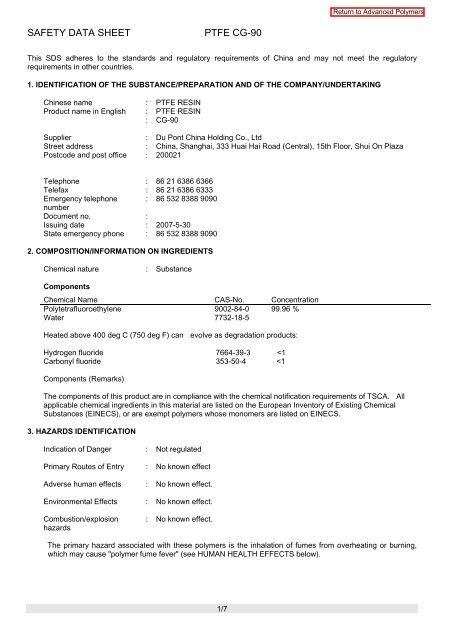 SAFETY DATA SHEET PTFE CG-90 - Advanced Polymers