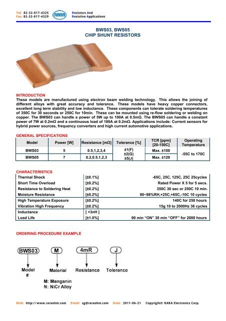 bws03, bws05 chip shunt resistors - RARA Electronics Corporation