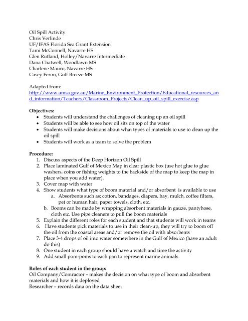 Oil Spill Activity - Gulf of Mexico Alliance Environmental Education ...