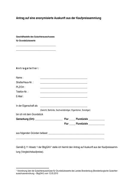 Antrag auf anonymisierte Auskunft aus der Kaufpreissammlung