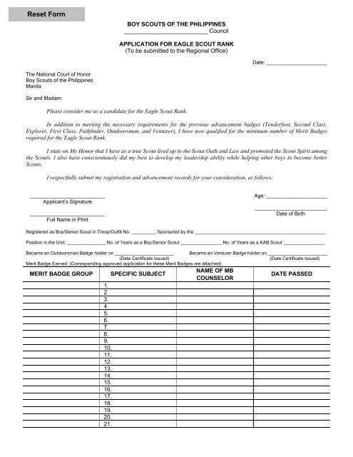 Eagle Scout Rank Application - Merit Badge Center, Philippines