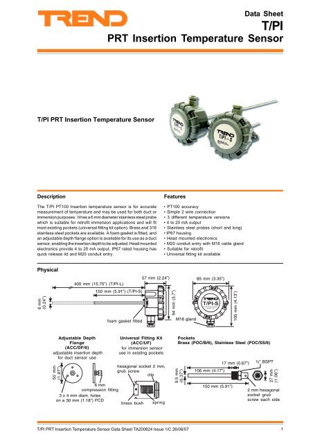 T/PI PRT Insertion Temperature Sensor Data Sheet - Trend