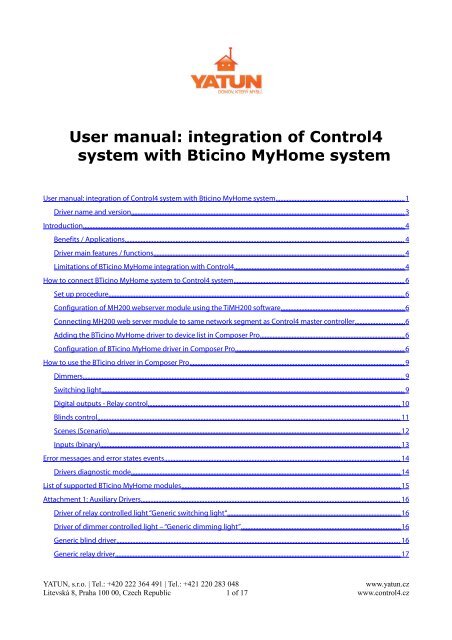 User manual: integration of Control4 system with Bticino ... - yatun