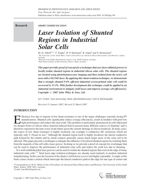Laser isolation of shunted regions in industrial solar cells - BT Imaging