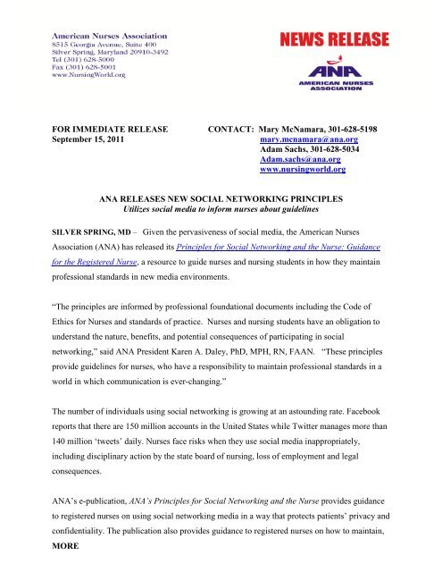 ANA releases new social networking principles - American Nurses ...