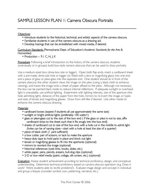 SAMPLE LESSON PLAN 1: Camera Obscura ... - The Print Center
