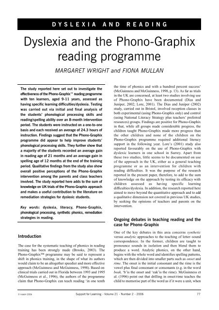 Dyslexia and the Phono-Graphix reading programme