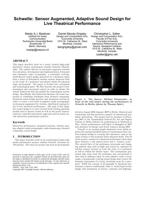Schwelle: Sensor Augmented, Adaptive Sound Design ... - Chris Salter