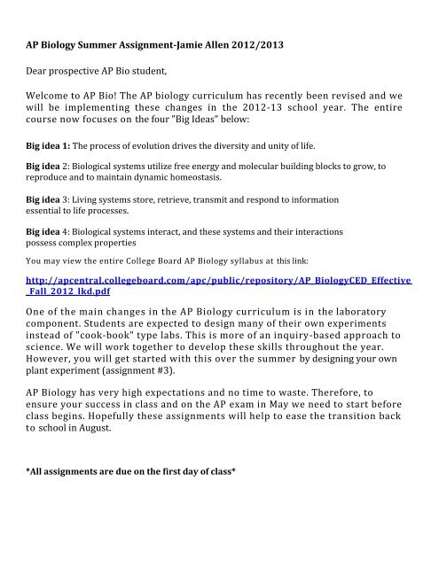 AP Biology Summer Assignment-Jamie Allen ... - Jaguarstyle.com