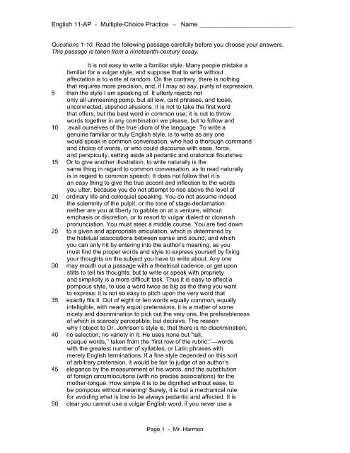 English 11-AP - Multiple-Choice Practice - Name