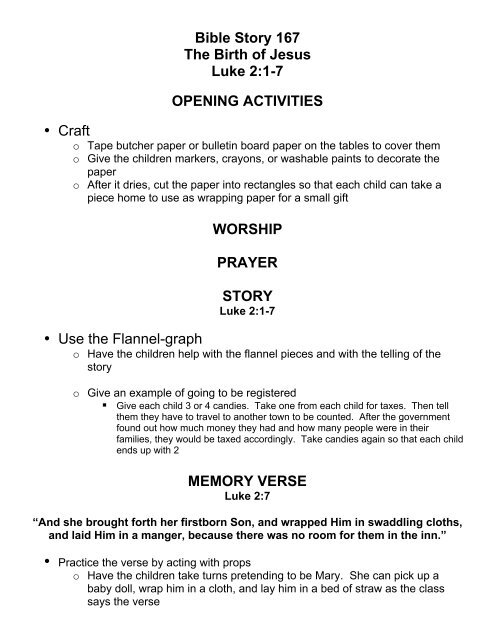 Bible Story 167 The Birth of Jesus Luke 2:1-7 OPENING ACTIVITIES ...