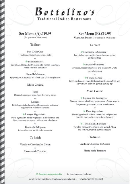 Set Menu (A) £19.95 Set Menu (B) £19.95 - Bottelinos