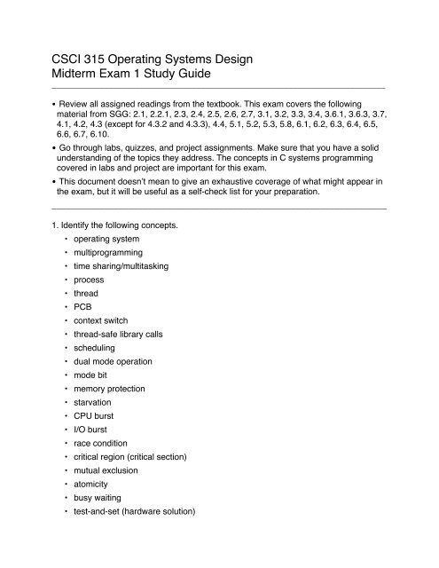 CSCI 315 Operating Systems Design Midterm Exam 1 Study Guide
